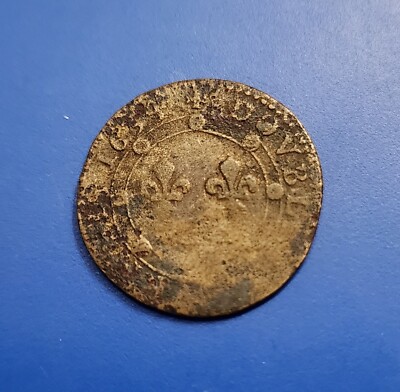 1634 France Double Tournois copper coin. French States Charles I. 389 ...