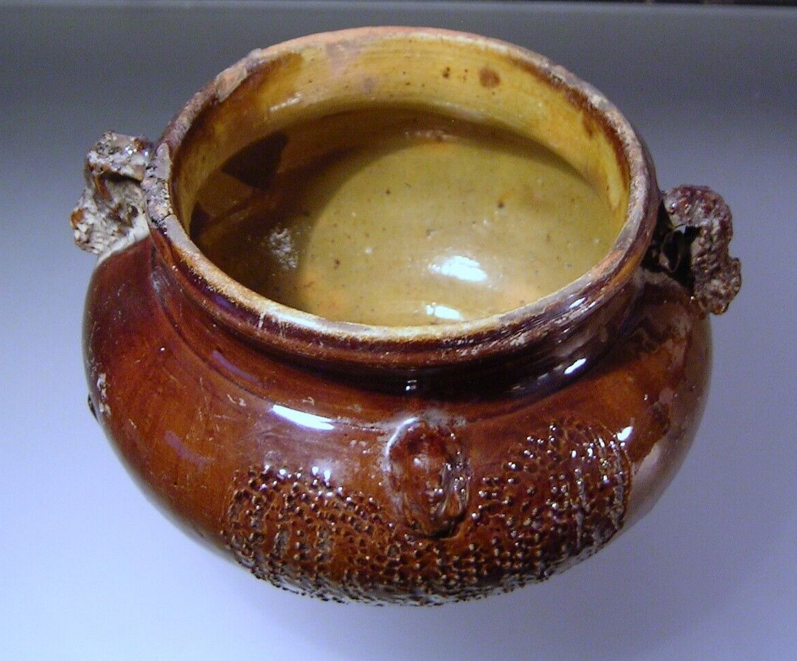 Antique Primitive Redware Pottery Jar Heart Treacle Glaze | eBay