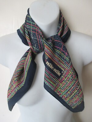 NIK NIK dark blue 100% silk scarf w colorful geometric microprint ...