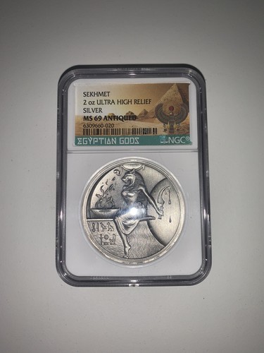 NGC MS69 - SEKHMET - EGYPTIAN GODS 2 OZ SILVER ROUND HIGH RELIEF SEALED ...