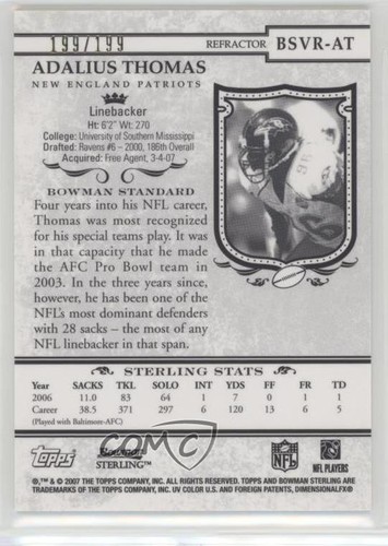 2007 Bowman Sterling Veteran Relics Refractor /199 Adalius Thomas #BSVR ...