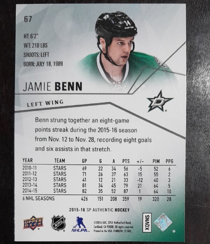 2015 - 2016 SP Authentic Jamie Benn Stars #67 Hockey Card | eBay