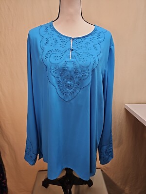 Susan Graver QVC Style Top Aqua Blue Turquoise Embroidery Dressy Size ...