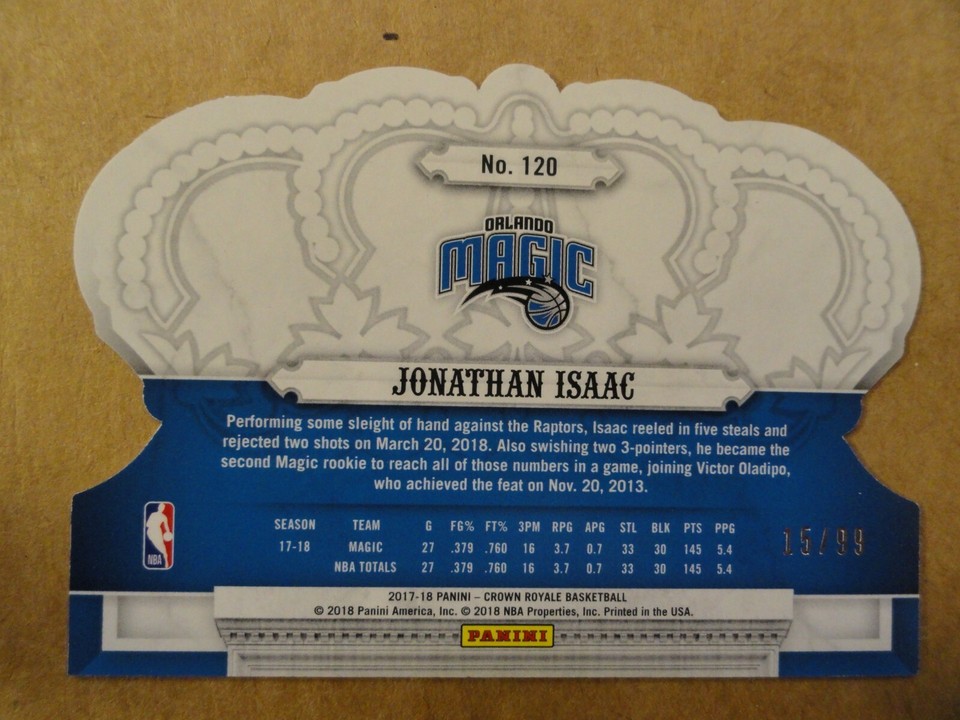 2017 JONATHAN ISAAC ROOKIE CROWN ROYALE BRONZE #ERD /99 ORLANDO MAGIC ...