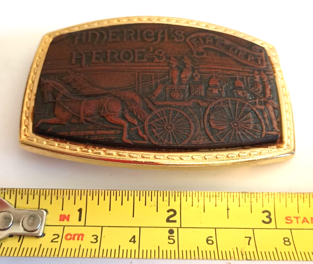 Vtg"America's Heroe's Fire Dept" Gold Tone Metal & Tooled Leather Belt ...