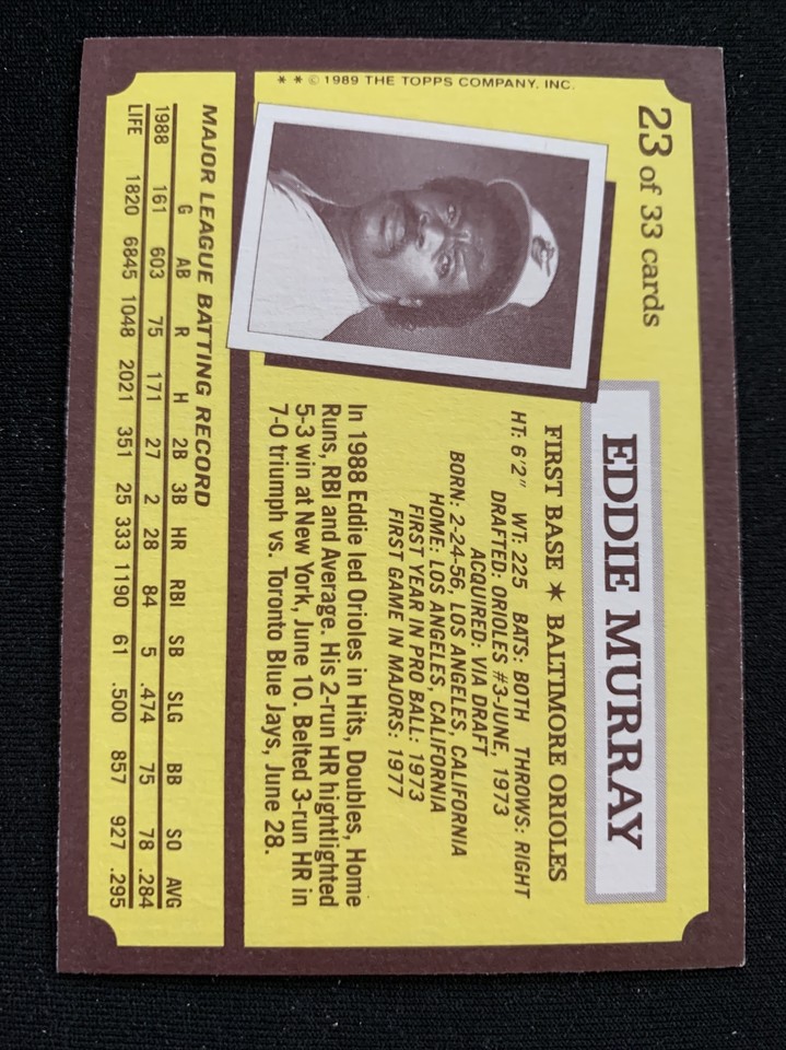 1989 Topps Kaybee Superstars of Baseball Card #23 Eddie Murray HOF ...