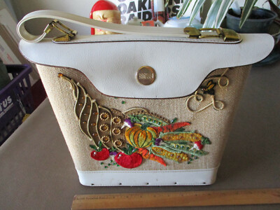 Vintage Purse Handbag Leather Burlap Rhinestones Cornucopia Buzzing Bee ...
