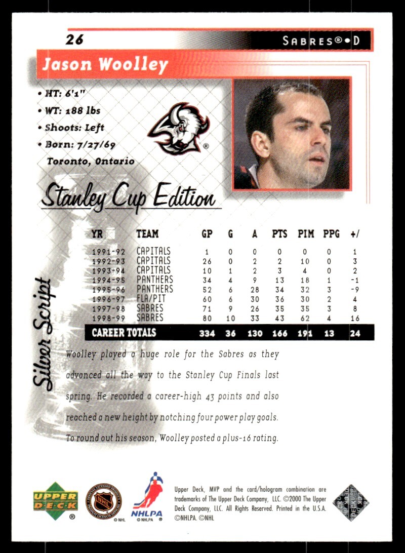 1999-00 Upper Deck MVP Stanley Cup Silver Script Jason Woolley Buffalo ...