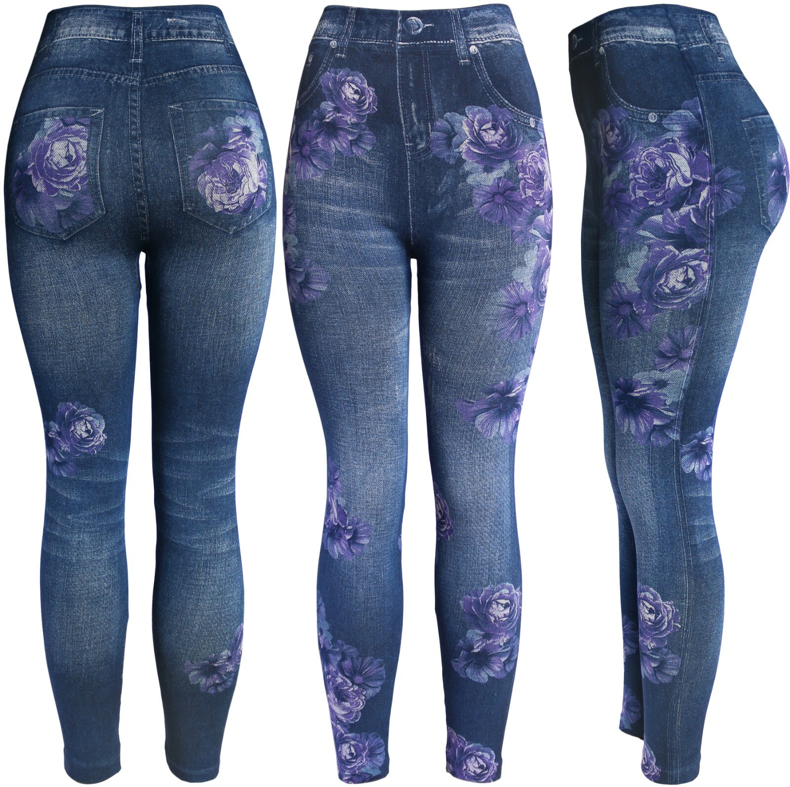 High Waist Women's Denim Print Fake Faux Jeans Leggings Pants | eBay