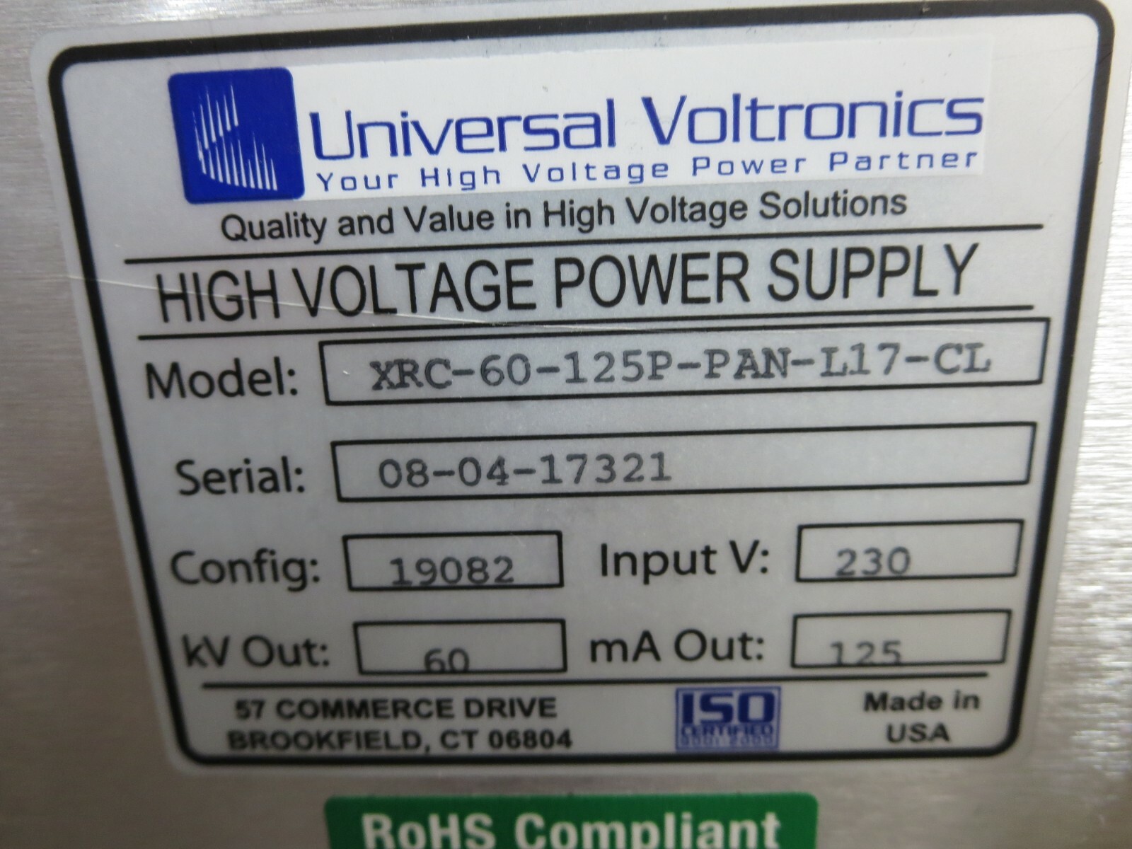 Universal Voltronics, XRC-60-125P-PAN-L17-CL, High Volt Pwr Sply, 60 KV, 125 mA | eBay