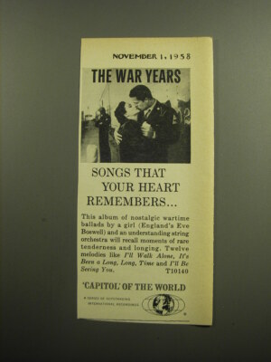 1958 Capitol Records Ad - The War Years Songs that your heart remembers ...