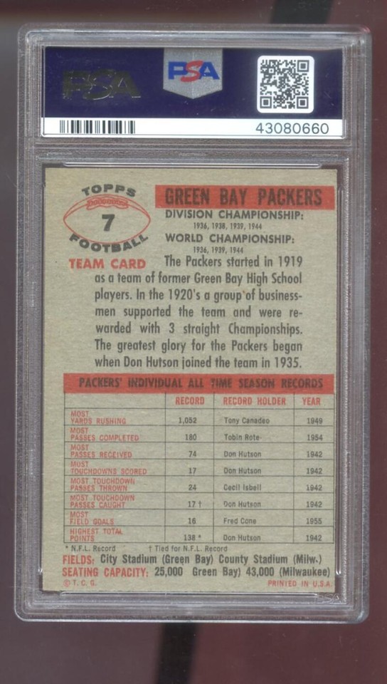 1956 Topps #7 Green Bay Packers Team Photo PSA 6 Graded Football Card ...