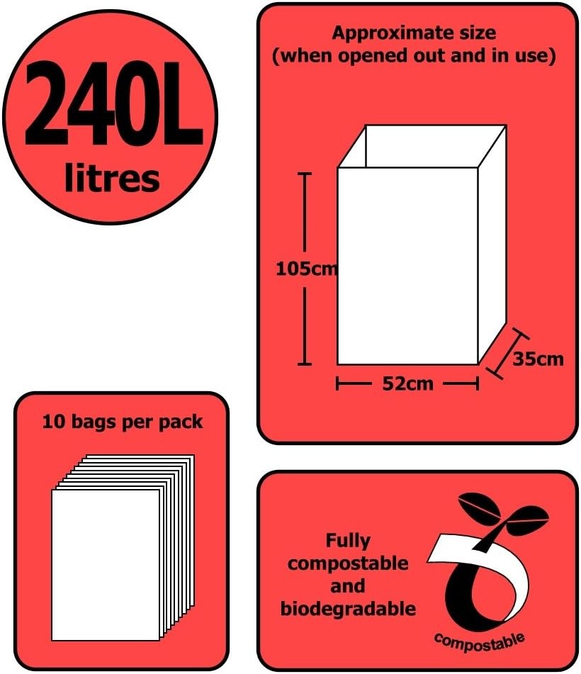 240 Litre x 10 Paper Compostable Wheelie Bin Liners - Biodegradable ...