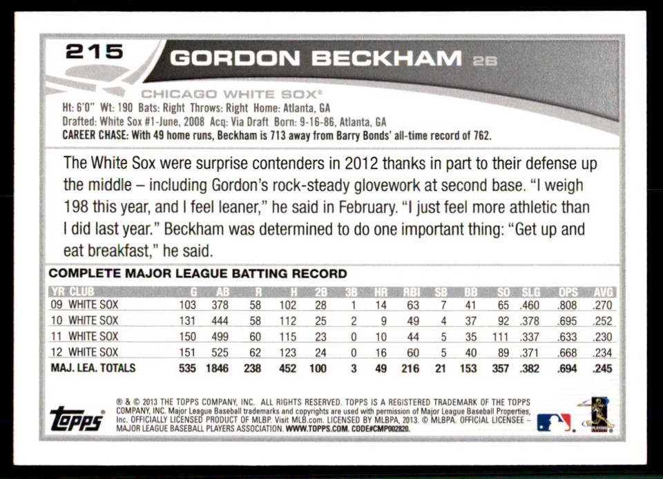 2013 Topps Gordon Beckham Baseball Cards #215 | eBay