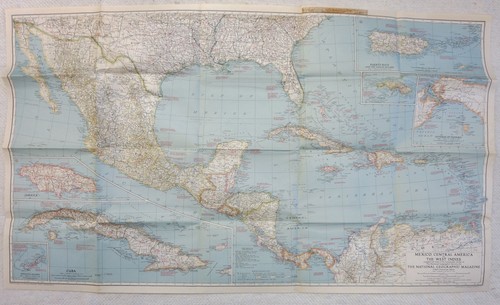 1939 Dated WW2 Era Vintage MAP of MEXICO, CENTRAL AMERICA, WEST INDIES ...