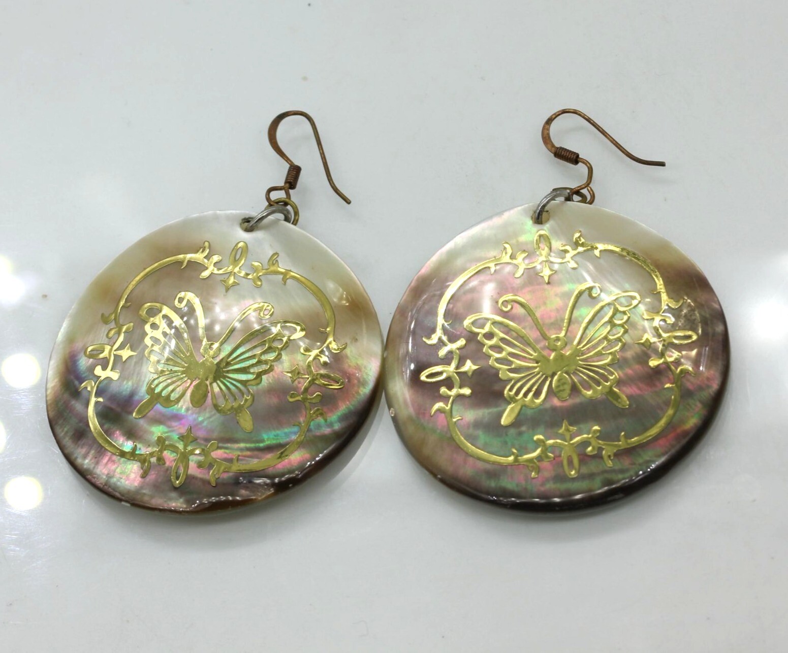 GENUINE ABALONE SHELL gold butterfly drop dangle vint… - Gem