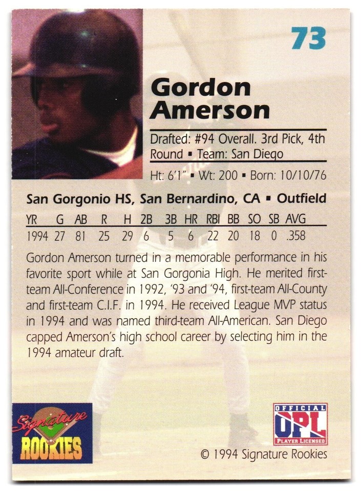 Gordon Amerson Autograph 1994 Signature Rookies Draft Picks Card #73 LB ...