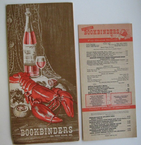 Restaurant Menu For Bookbinders Sea Food House, Inc S. 15th Street ...