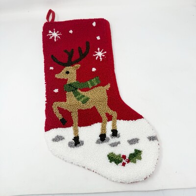 CREWEL KNIT Reindeer CHRISTMAS STOCKING Stripes Red White Buttons 19 ...