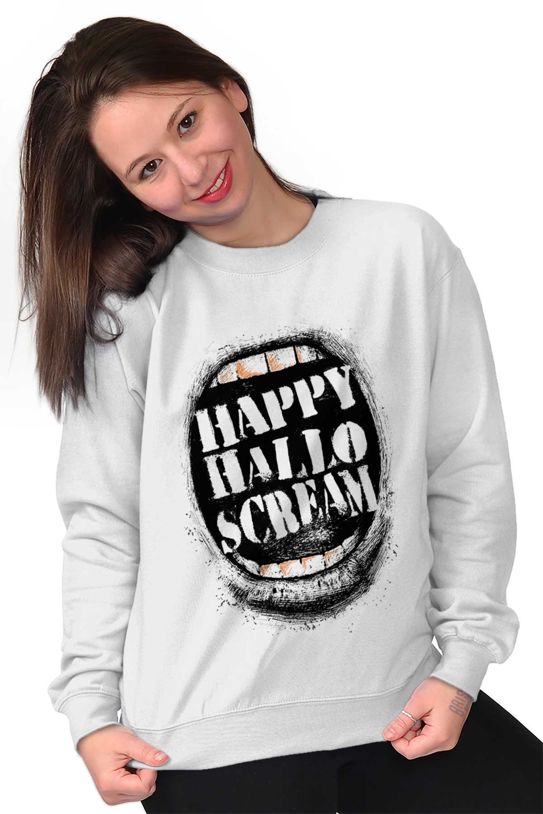 Happy Hallo-Scream Halloween Scary Novelty Adult Long Sleeve Crew ...