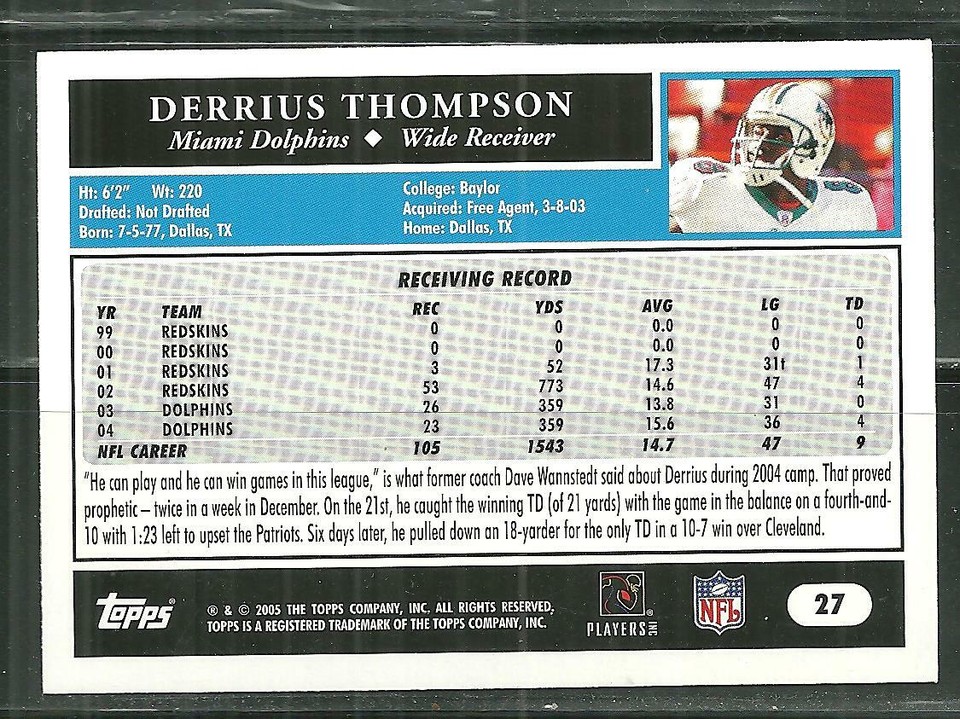 2005 TOPPS FOOTBALL DERRIUS THOMPSON #27 | eBay