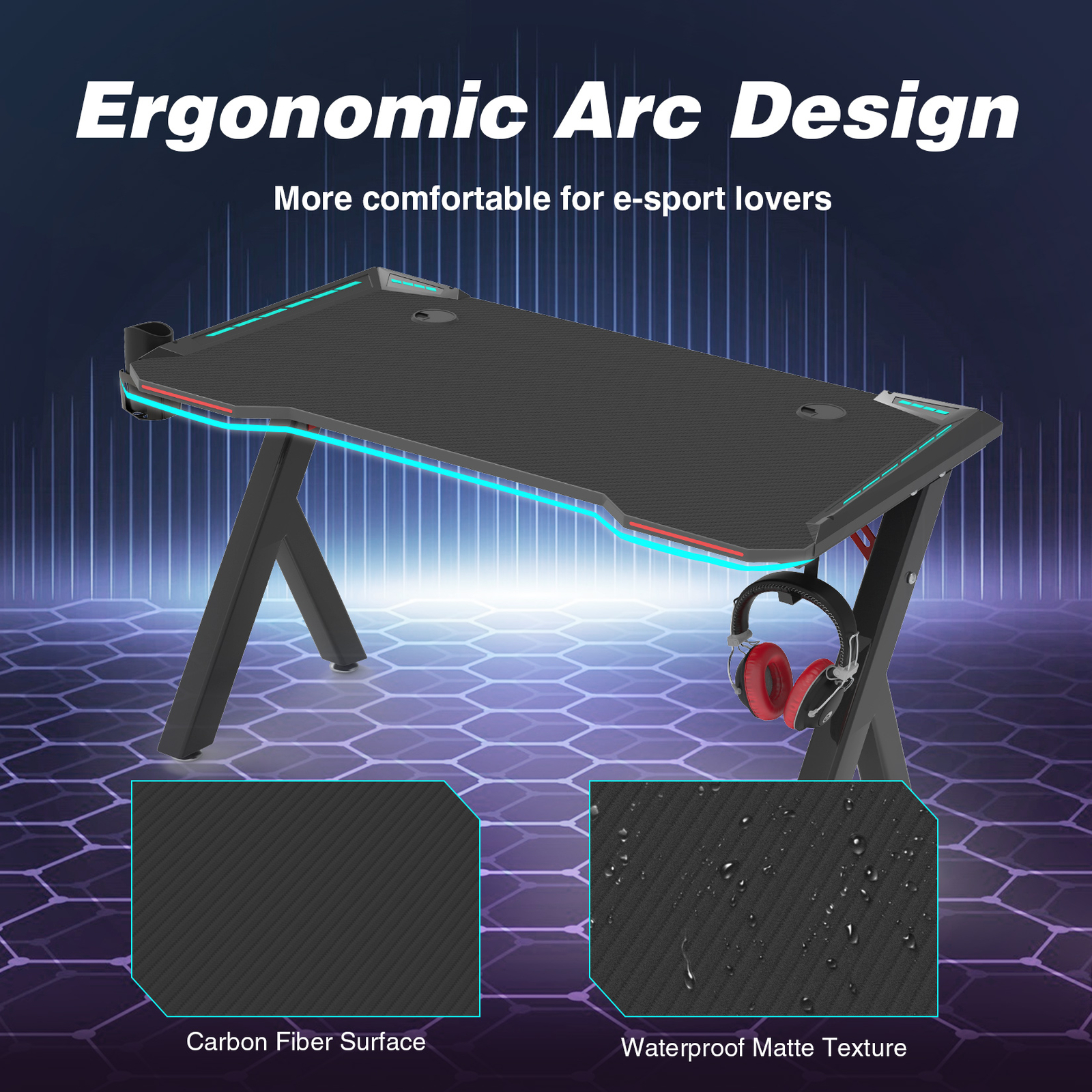 XXL Gaming Desk RGB LED Computer Racing Table Carbon Fiber PC Gamer ...