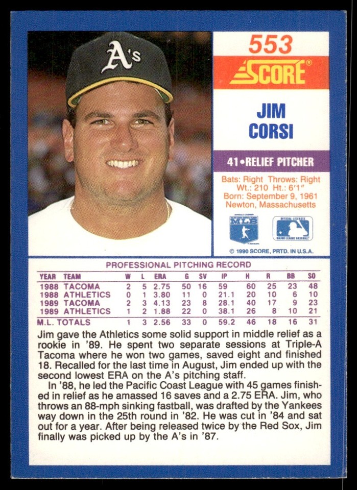 1990 Score Baseball Card Jim Corsi Oakland Athletics #553 | eBay