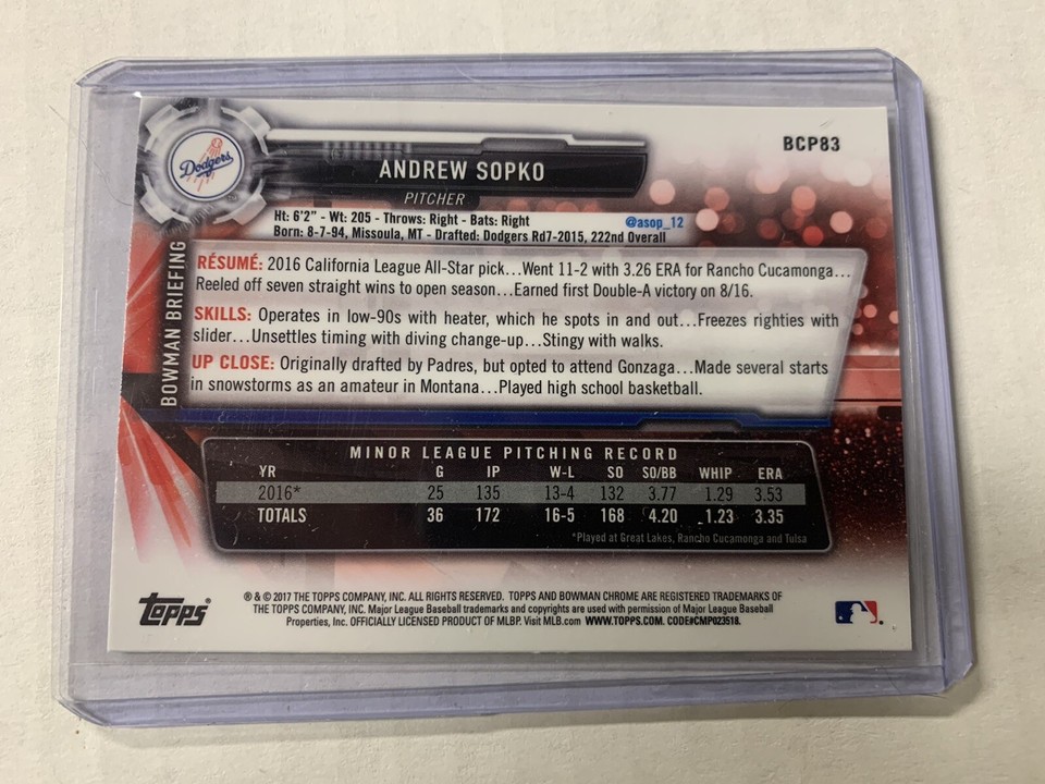 Andrew Sopko RC 2017 Bowman Chrome Mega Box Prospects Refractor #BCP83 ...