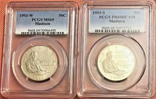 1993-W & 93-S JAMES MADISON 2 COMMEMORATIVE HALF DOLLARS PCGS MS69 AND ...