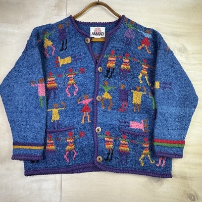 Vintage Amano Chunky Cardigan Knit Wool Sweater People Dancing Navy | eBay