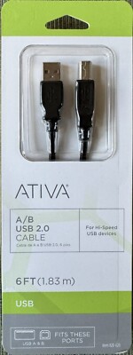 ATIVA USB 2.0 A/B Data Cable 6' Black Hi-Speed USB Devices | eBay
