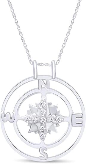 1/10ct Natural Diamond Compass Pendant 18" Necklace in 925 Sterling ...