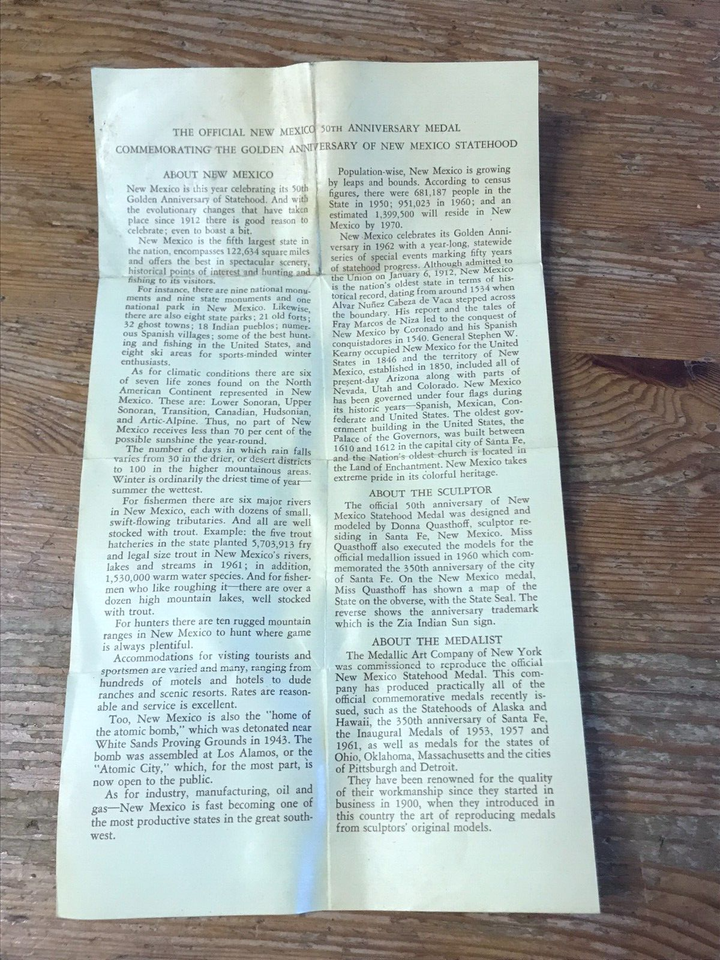 New Mexico Golden Anniversary Coin 1912 1962 50th Statehood Medallion ...