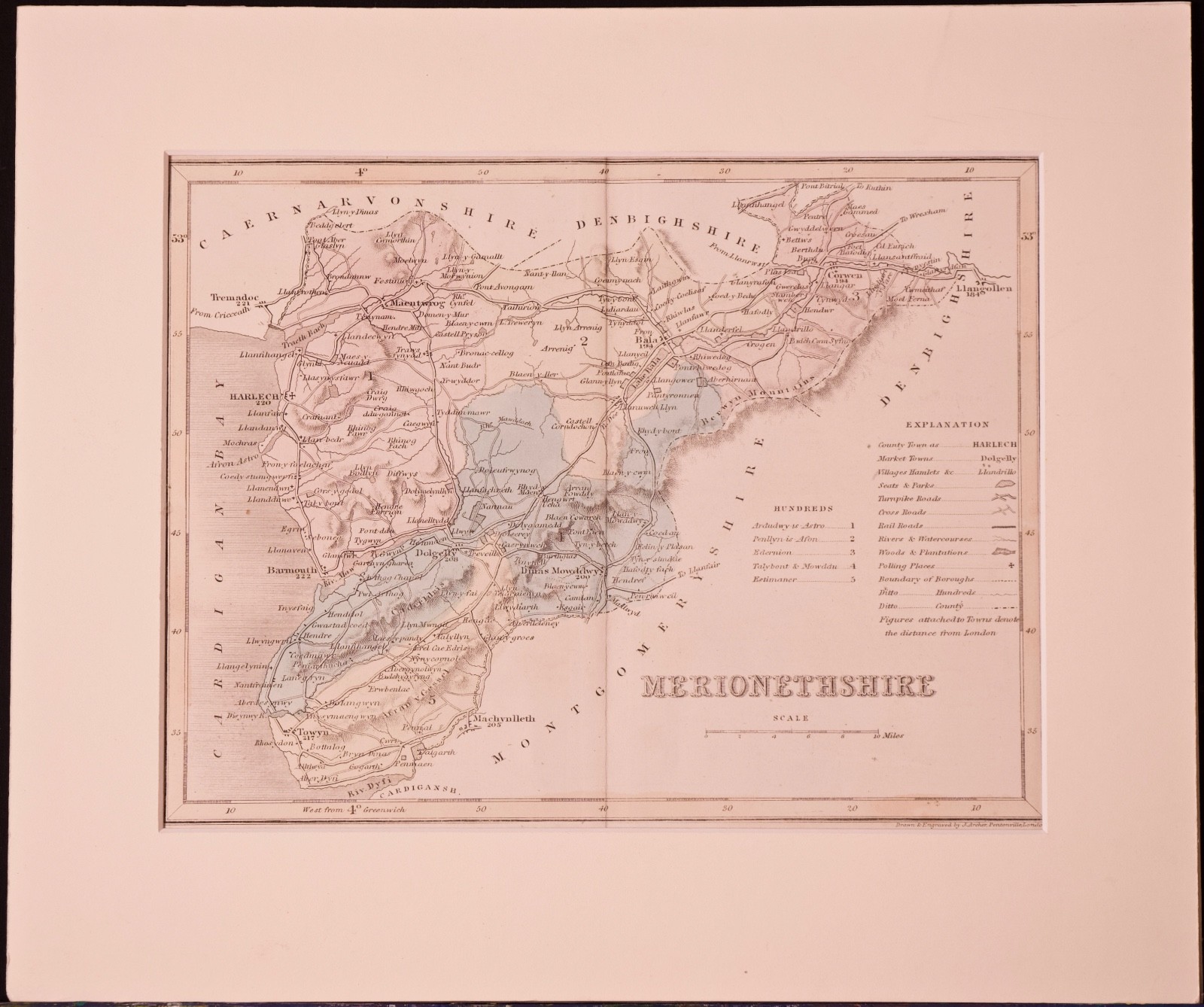 Antique Engraved Map of Merionethshire Wales C. 1854 by J. Archer ~9.5 ...