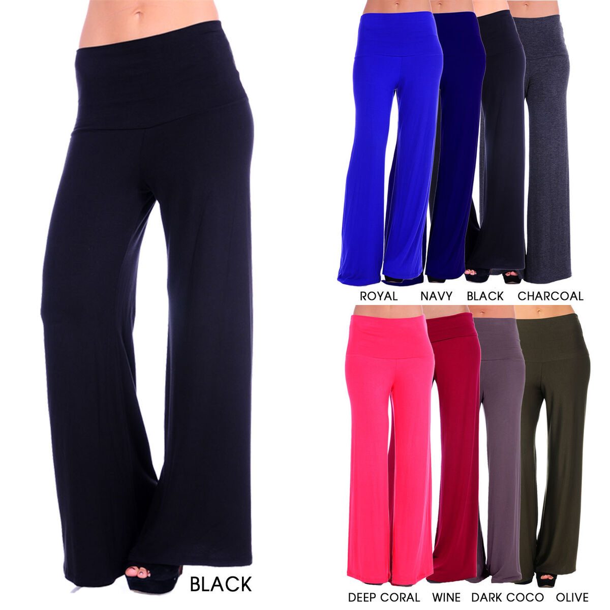 Women's Solid Fold Waist wide Leg Palazzo Pants (Size: S-5X Women's Solid Fold Waist wide Leg Palazzo Pants (Size: S-5X
