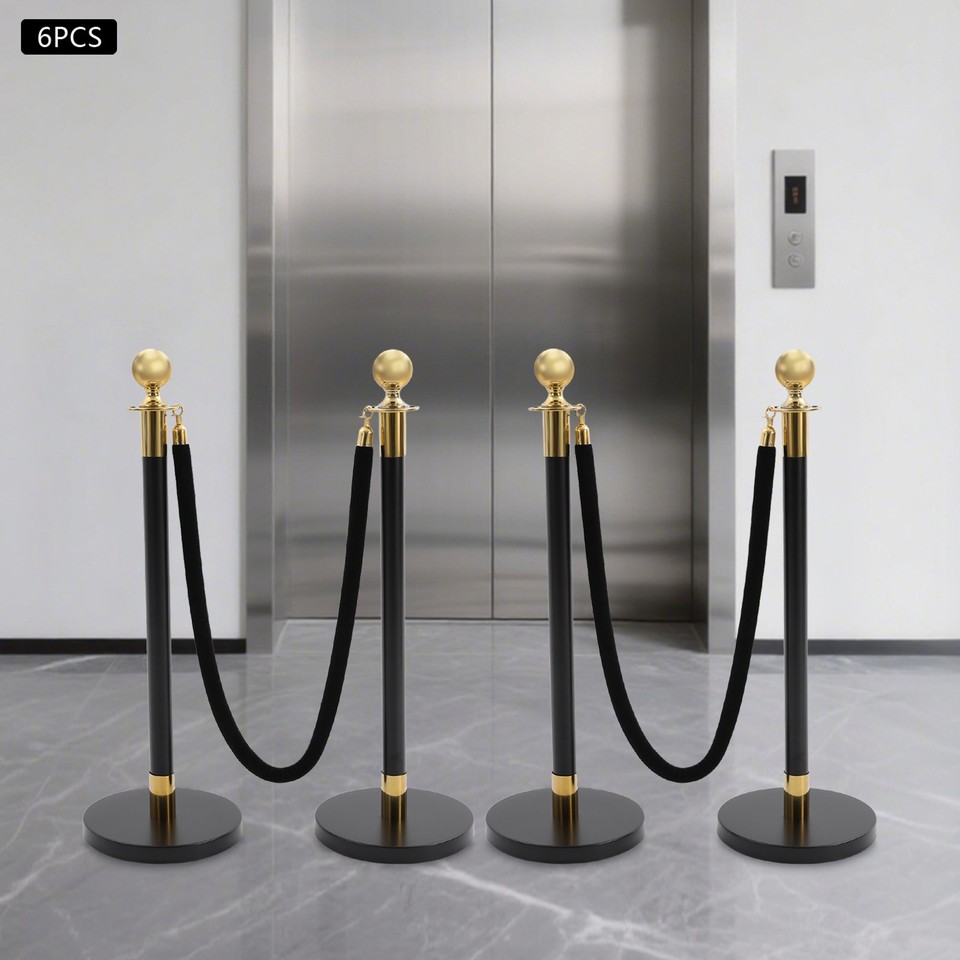 6 PCS Black Stainless Stanchion Posts with 4 Ropes Crowd Control Queue ...