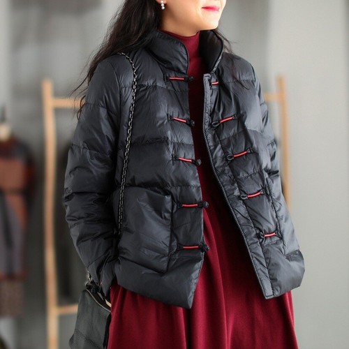 Women Chinese Style Stand Collar Frog Button Down Puffer Jacket Winter ...