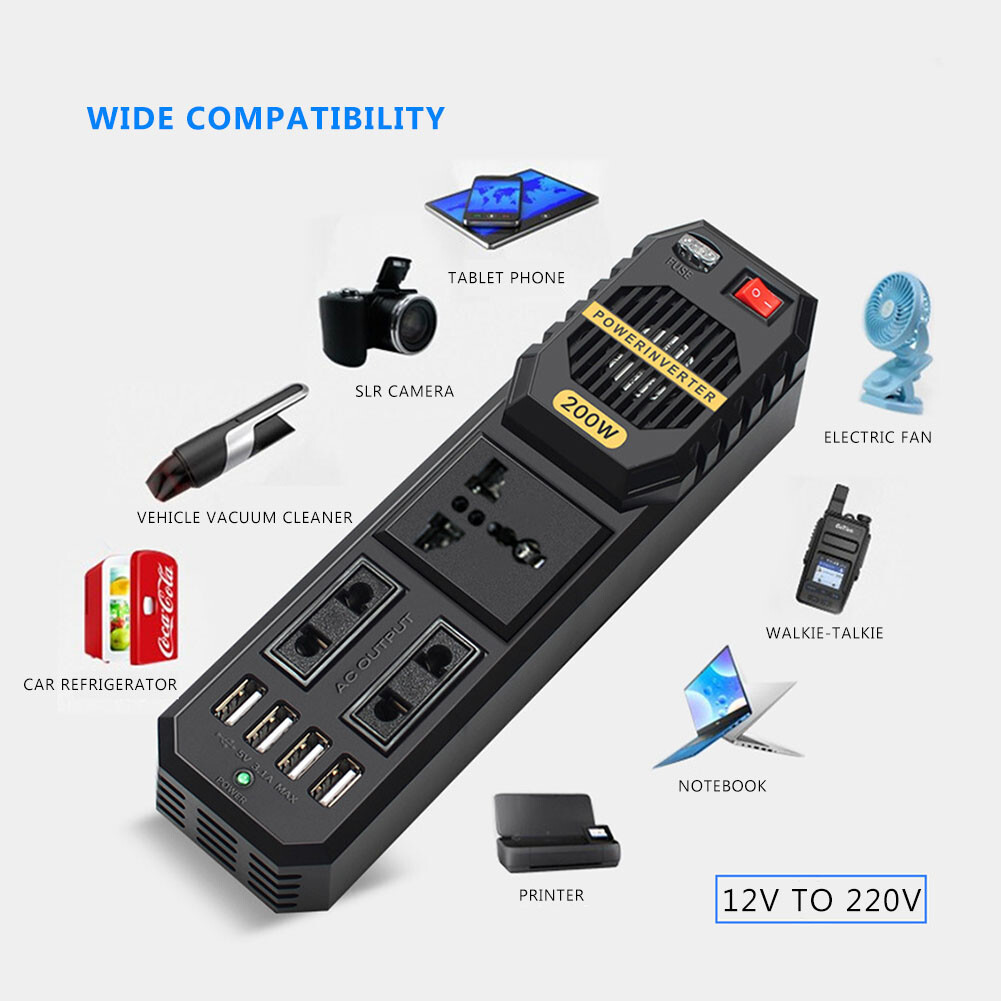 200W Car Inverter DC 12V to AC 220V Adapter Fast Charger Socket Power ...