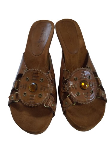 Truflex Women's Light brown Leather wedge slide on sandals size 10M | eBay