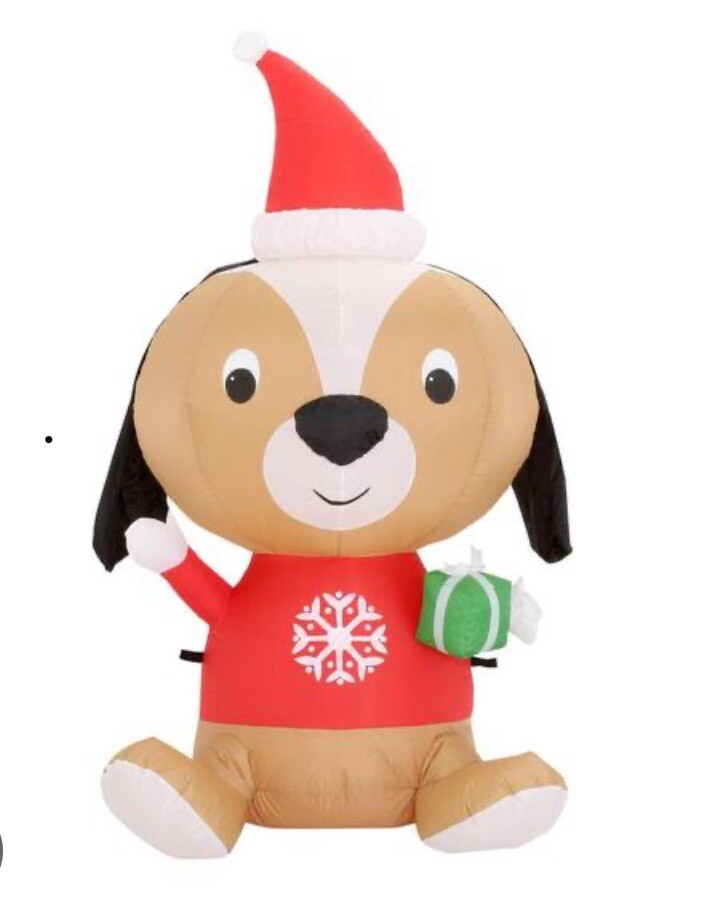 5' Snowflake Puppy Dog W/ Santa Hat Holding Gift Christmas Inflatable ...