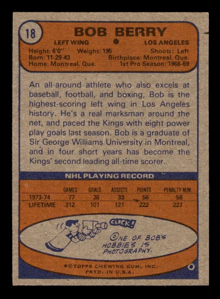 1974 Topps Hockey #18 Bob Berry VG/EX | eBay