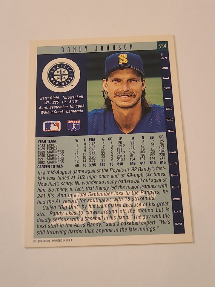 1993 Score Base Card #384 Randy Johnson Seattle Mariners MLB HOF | eBay