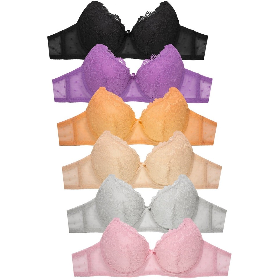 PACK OF 6 Women's Essentials Sofra Full Cup Lace Trim Bras by 247 ...