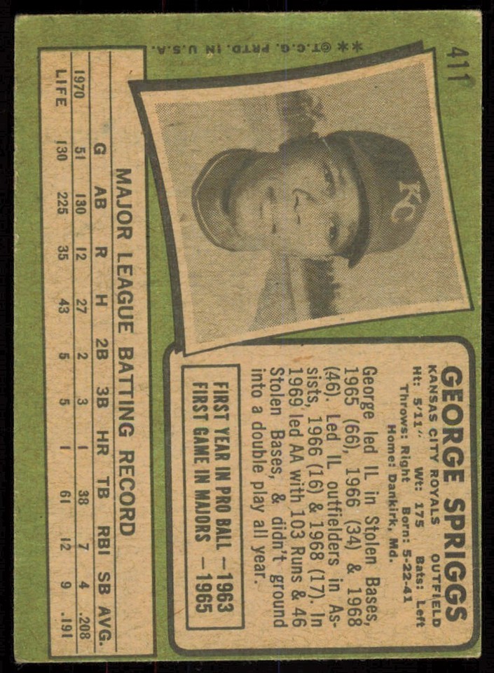 1971 Topps Base Set George Spriggs Kansas City Royals #411 | eBay