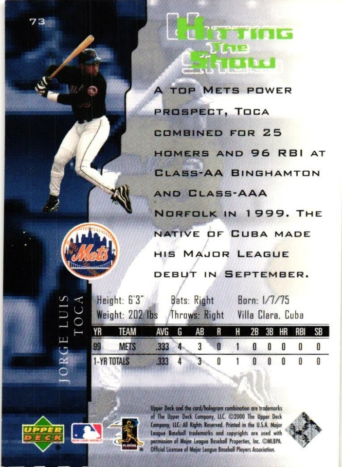 2000 UPPER DECK HITTING THE SHOW JORGE TOCA BASEBALL #73 CARD $0.99 ...