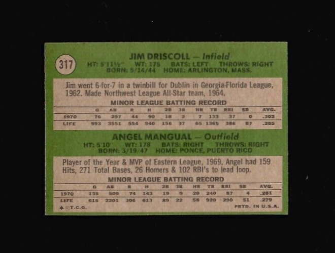 1971 Topps #317 A's Rookie Stars JIM DRISCOLL / ANGEL MANGUAL NMMT | eBay