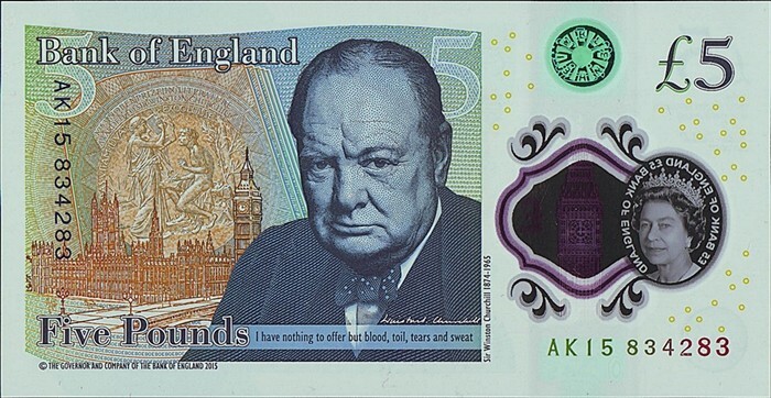 Five Pounds New Plastic £5 Note With Sir Winston Churchill Revealed
