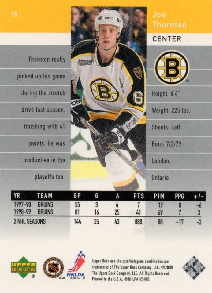 Joe Thornton #10 Upper Deck 1999-00 Black Diamond | eBay