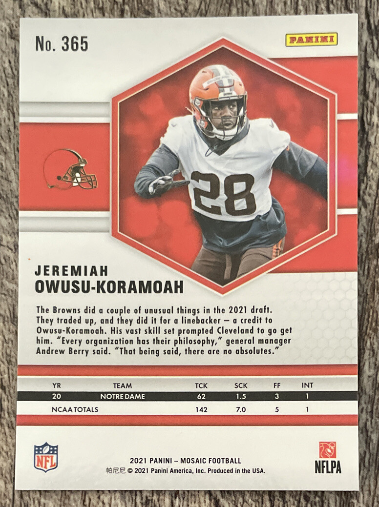 Jeremiah Owusu-Koramoah 2021 Panini Mosaic #365 RC ROOKIE CARD ...