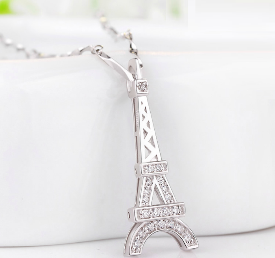 Paris The Eiffel Tower Silver SP Pave CZ Pendant Necklace | eBay